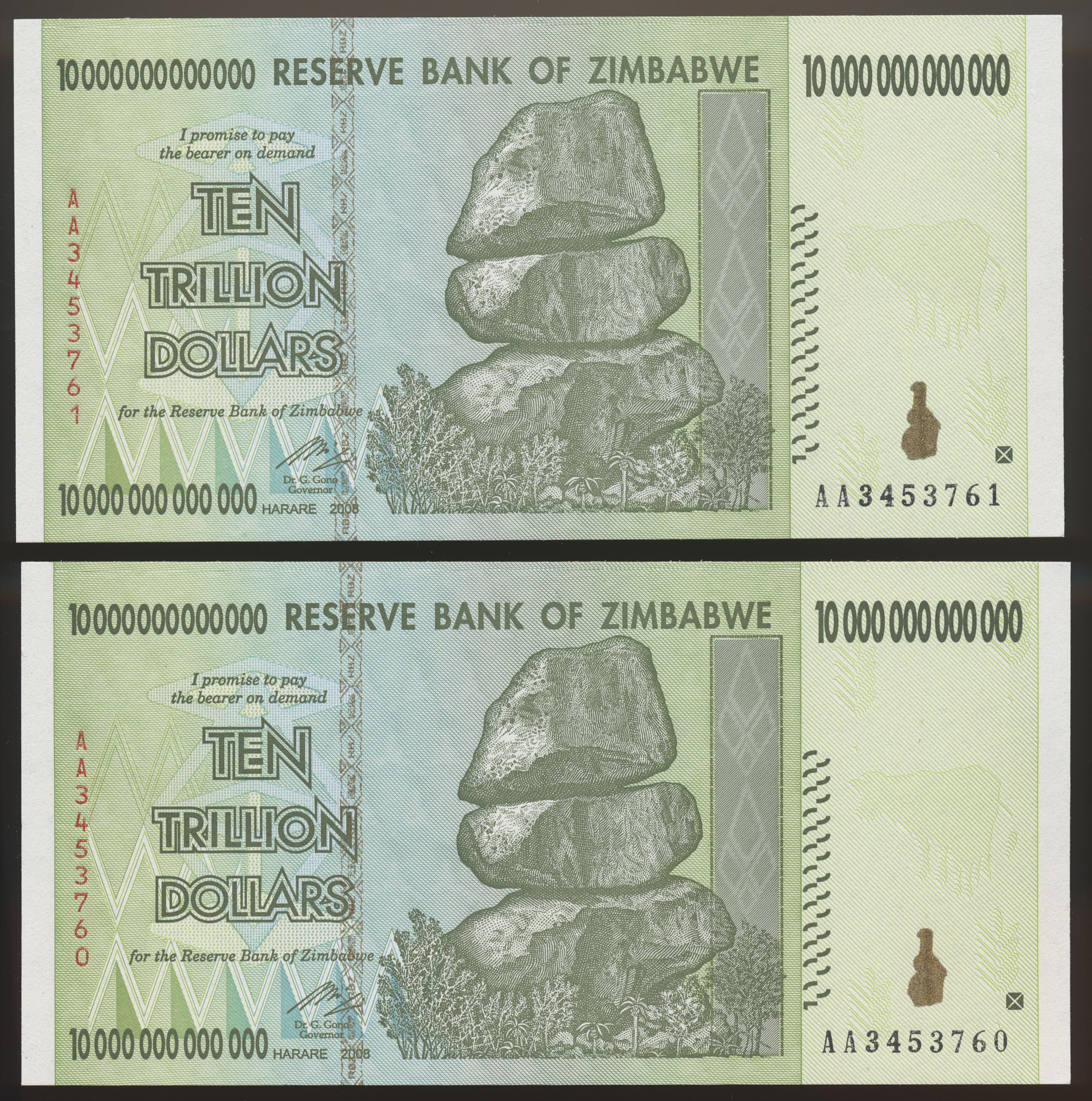 Zimbabwe 10 Trillion Dollars 2008 AA-prefix, 2 Concecutive notes UNC